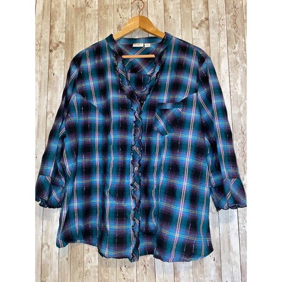 Cato | Tops | Womens Cato Blue Purple Plaid Button Up Blouse Shirt Silver Thread Size 2628 ...